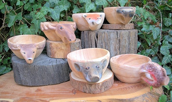Wooden kuksa mugs with carved animal handles – Hugginsattic